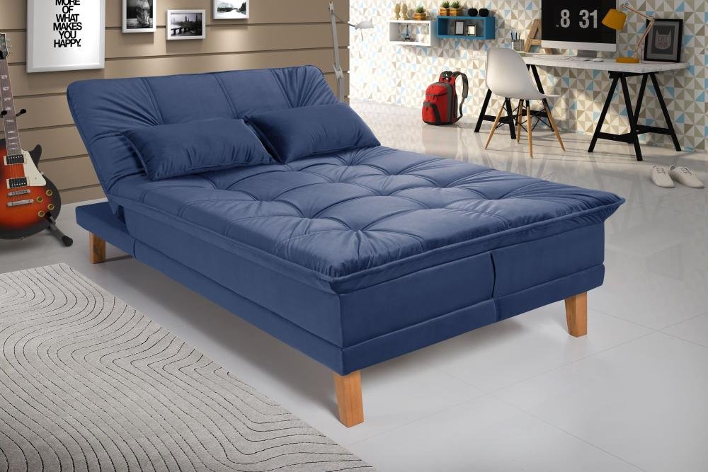 Sofá Cama Berlim Pés de Madeira Retrátil 3 Lugares Império Azul Marinho ...