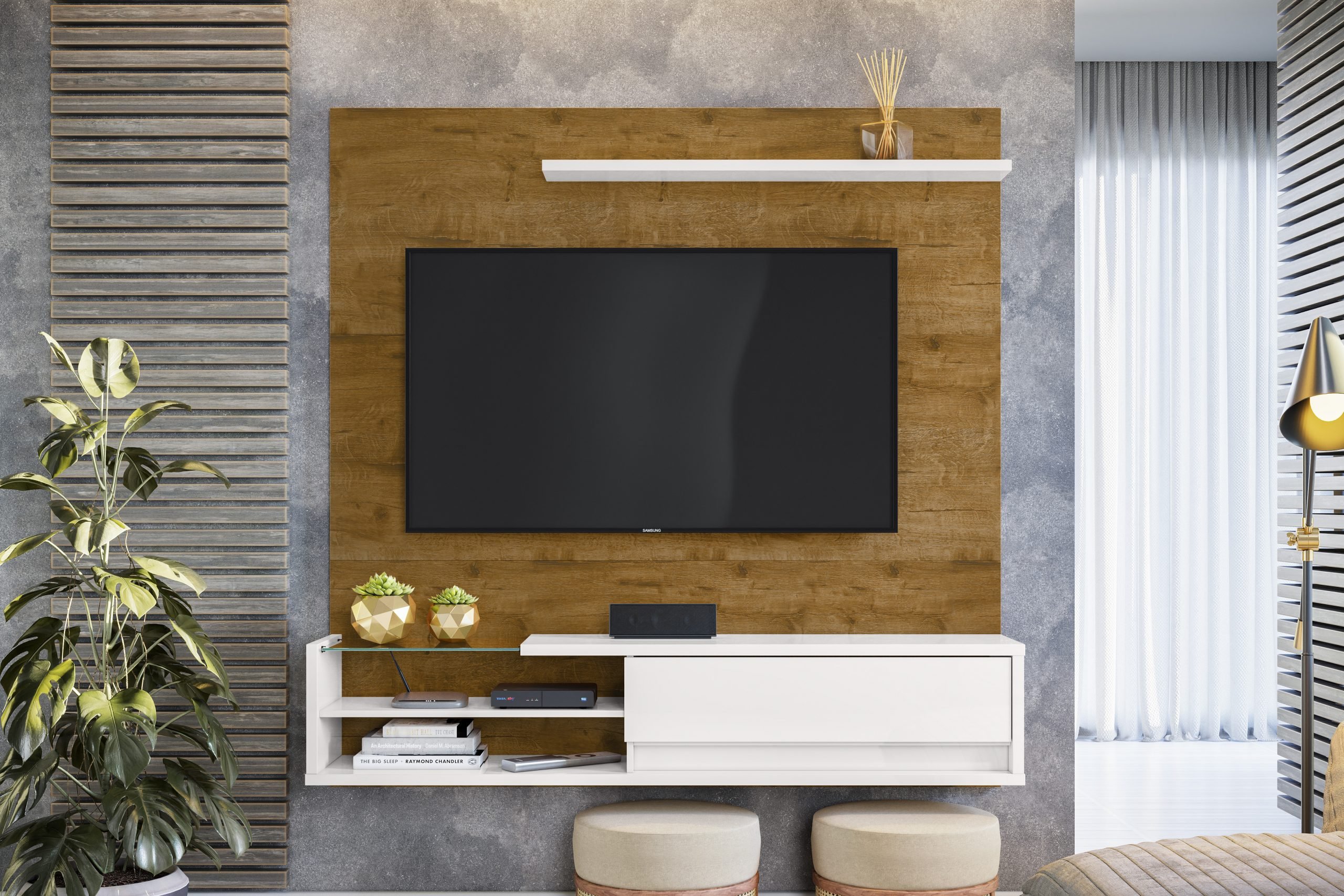 Painel Home Suspenso com Nicho e Porta para TV até 55 Polegadas Dali Madero Canela/Off White ...