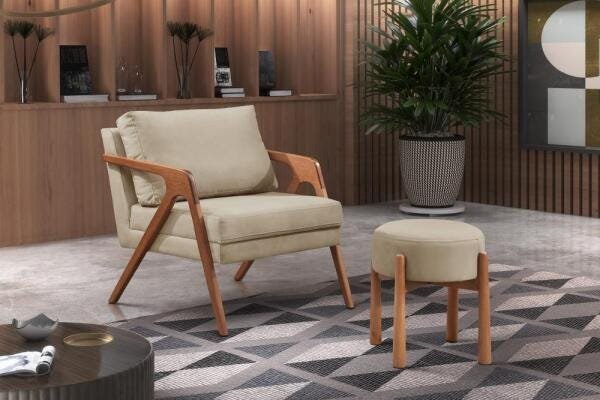 Puff Lotus Luxo Madeira Maciça Tecido Linho Bege | MadeiraMadeira