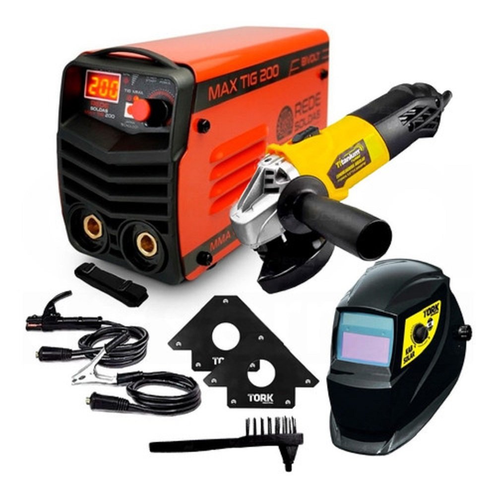 INVERSORA SOLDA 200A MMA TIG BIVOLT + ESMERILHADEIRA + KIT 110V/220V ...