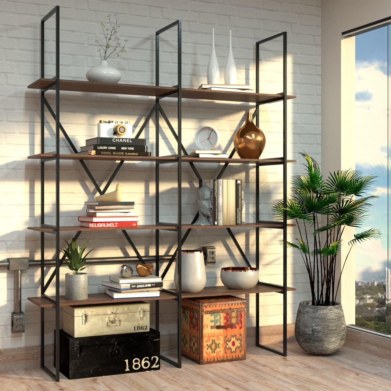 Estante Moderna Estilo Industrial Classic 200x40x200 Cor mdf Castanho ...