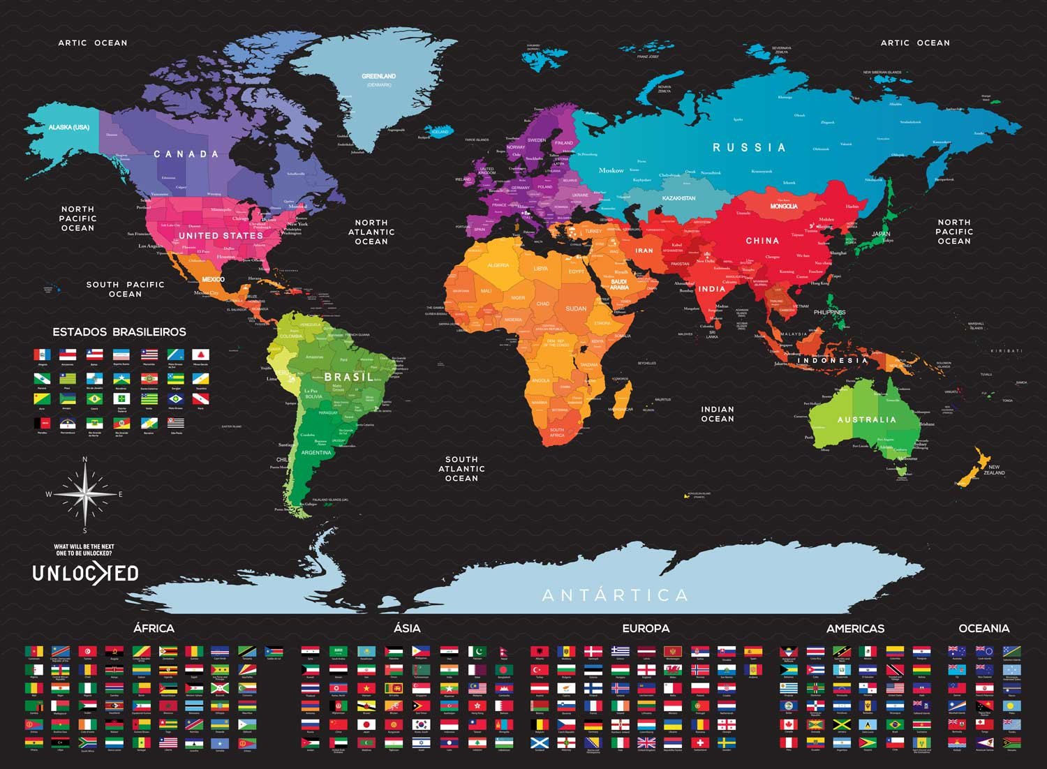 Mapa Mundi de Raspar | Unlocked | Sem moldura | 82x60 CM | MadeiraMadeira