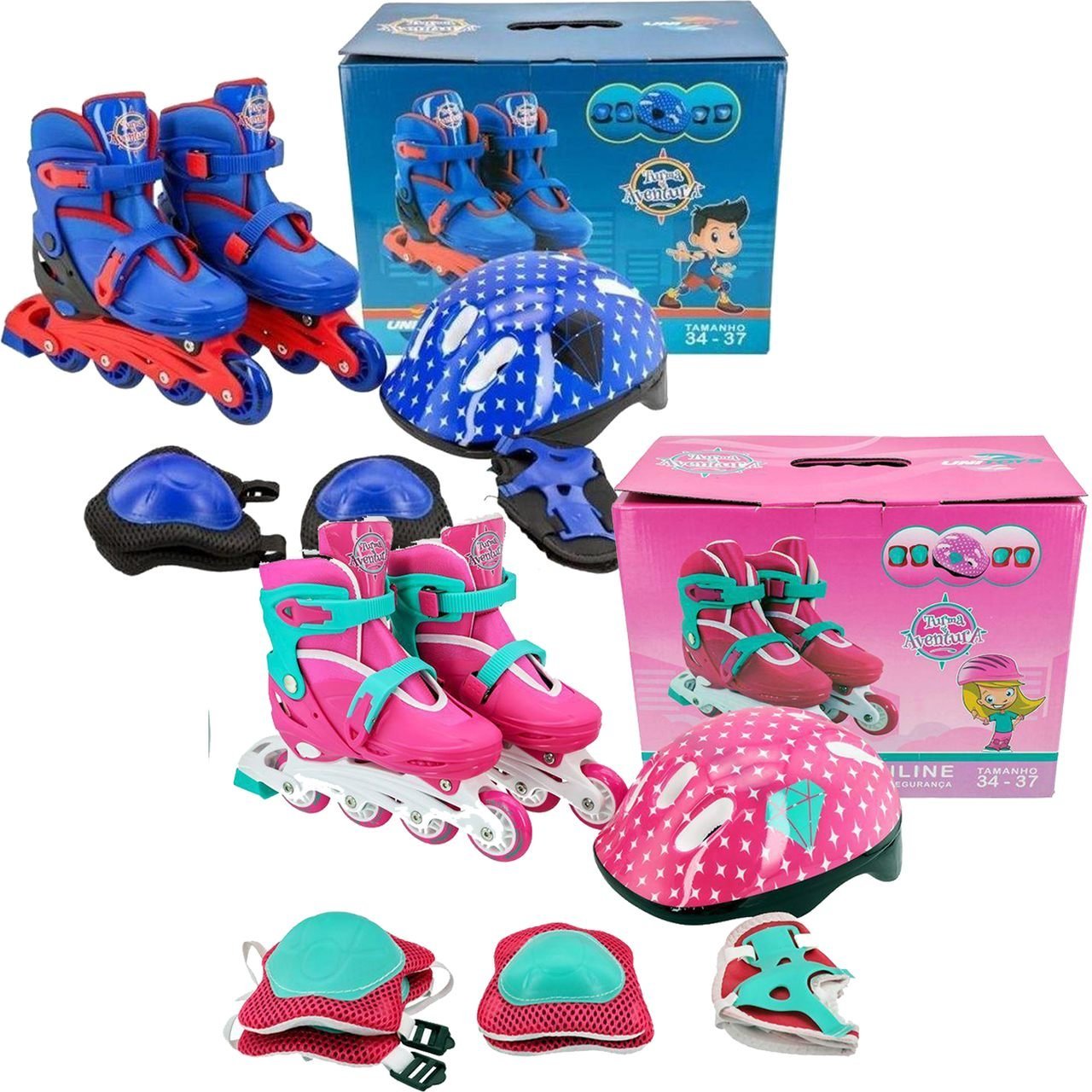 Kit 2 Patins Infantil Roller Inline c/ 2 Kit Proteção Azul e Rosa ...