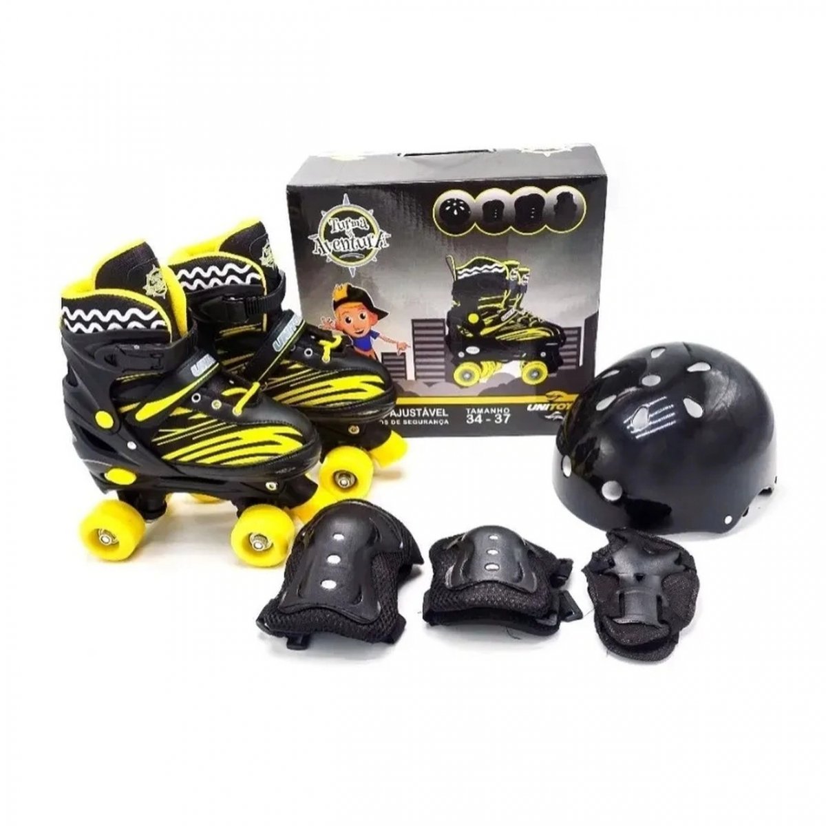 Patins 4 Rodas Com Proteção Preto/Amarelo 34/37 Unitoys 1397 ...