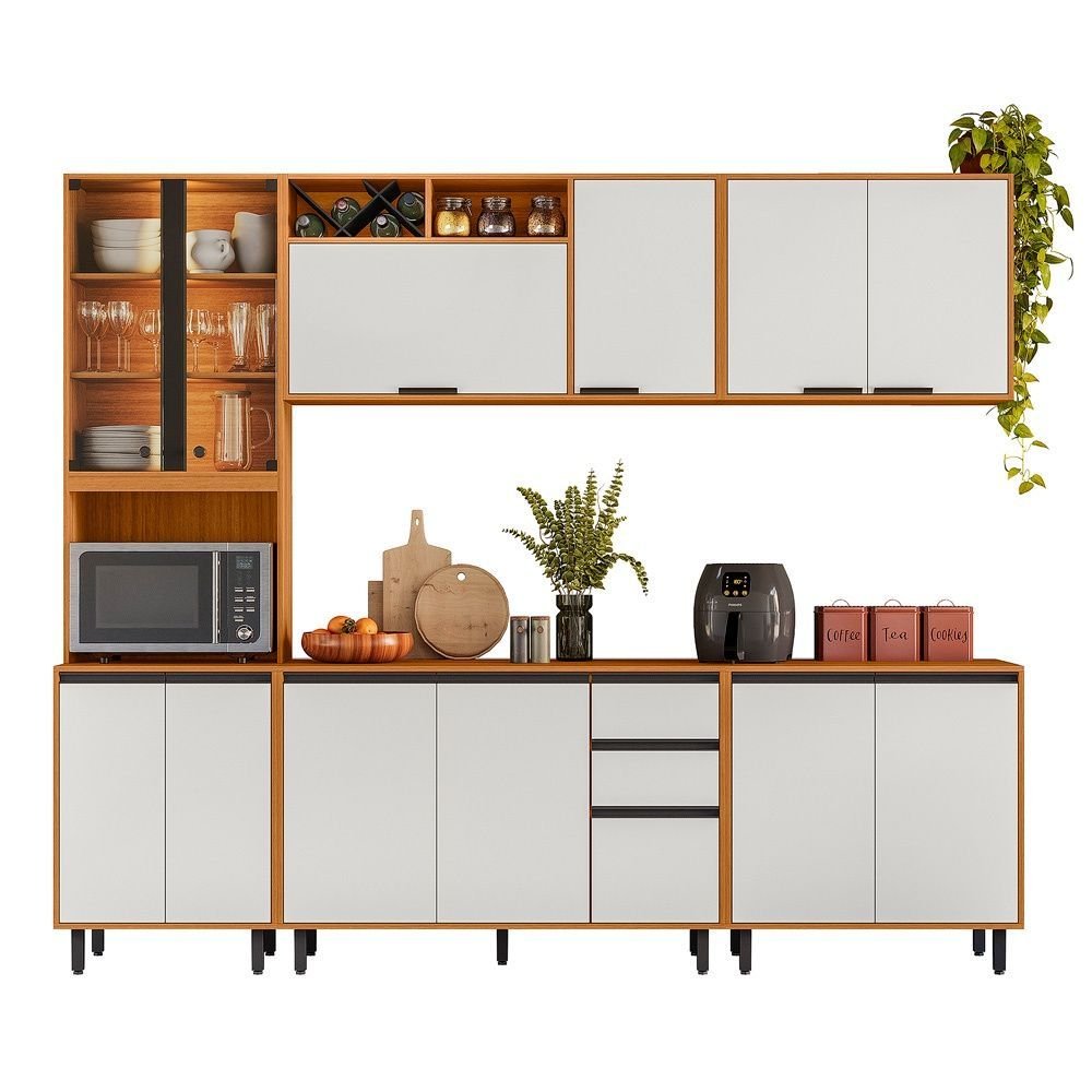 Cozinha Modulada Ravena 260cm Paneleiro/Cristaleira com Led - Freijó UV ...