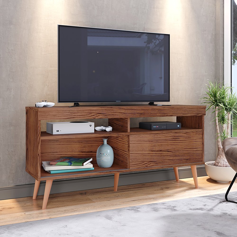 Rack Bancada Estilo Retrô Tv Até 55 Polegada Nicho e Porta de Correr Sala Pequena Samba - Freijó ...