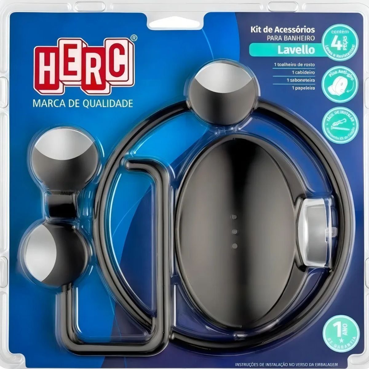 Kit Acessórios Banheiro 4pçs Lavello Preto / Cromado Herc | MadeiraMadeira