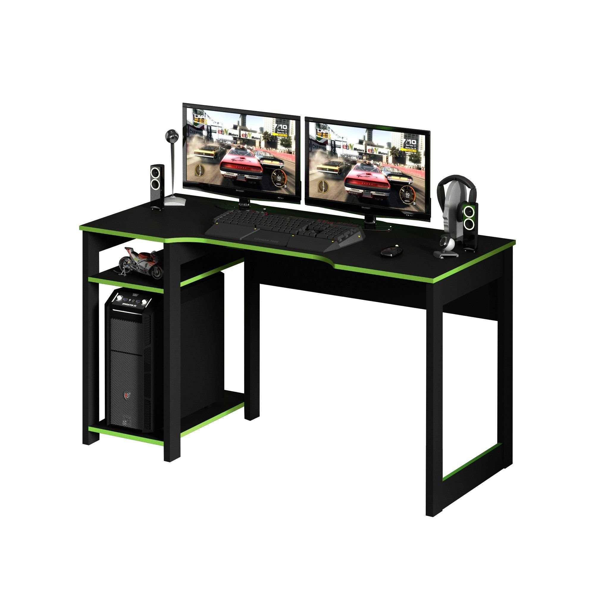 Mesa Gamer 136cm com 2 Prateleiras e Porta Cpu Preto/verde | MadeiraMadeira