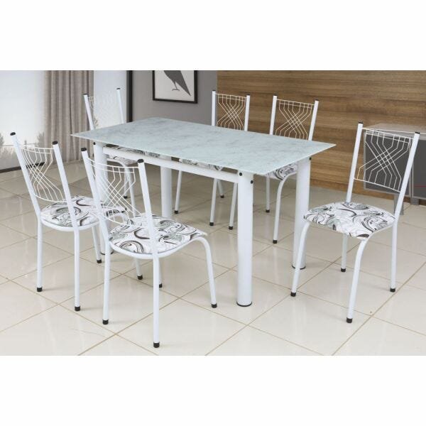 Conjunto de Mesa Tubular com 6 Cadeiras Yara 140cm Tampo de Vidro ...