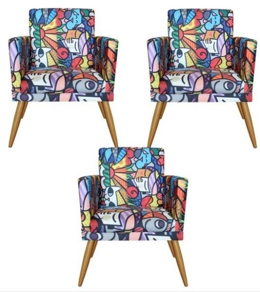 Kit 3 Poltronas Decorativa com Rodapé Nina Romero Britto - Bela Casa Shop | MadeiraMadeira