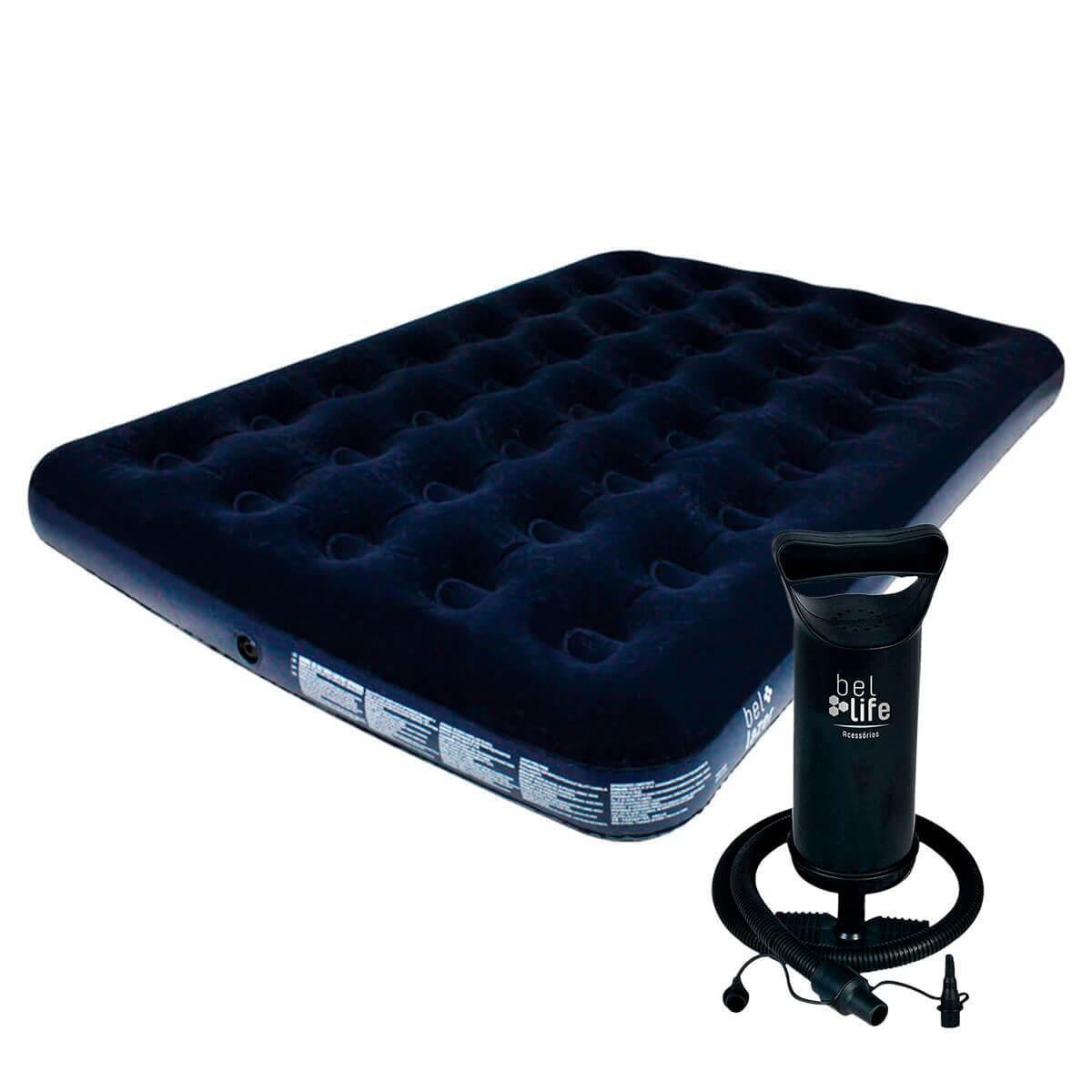 Colchão Inflável Casal Com Bomba De Inflar Camping Azul Bel ...