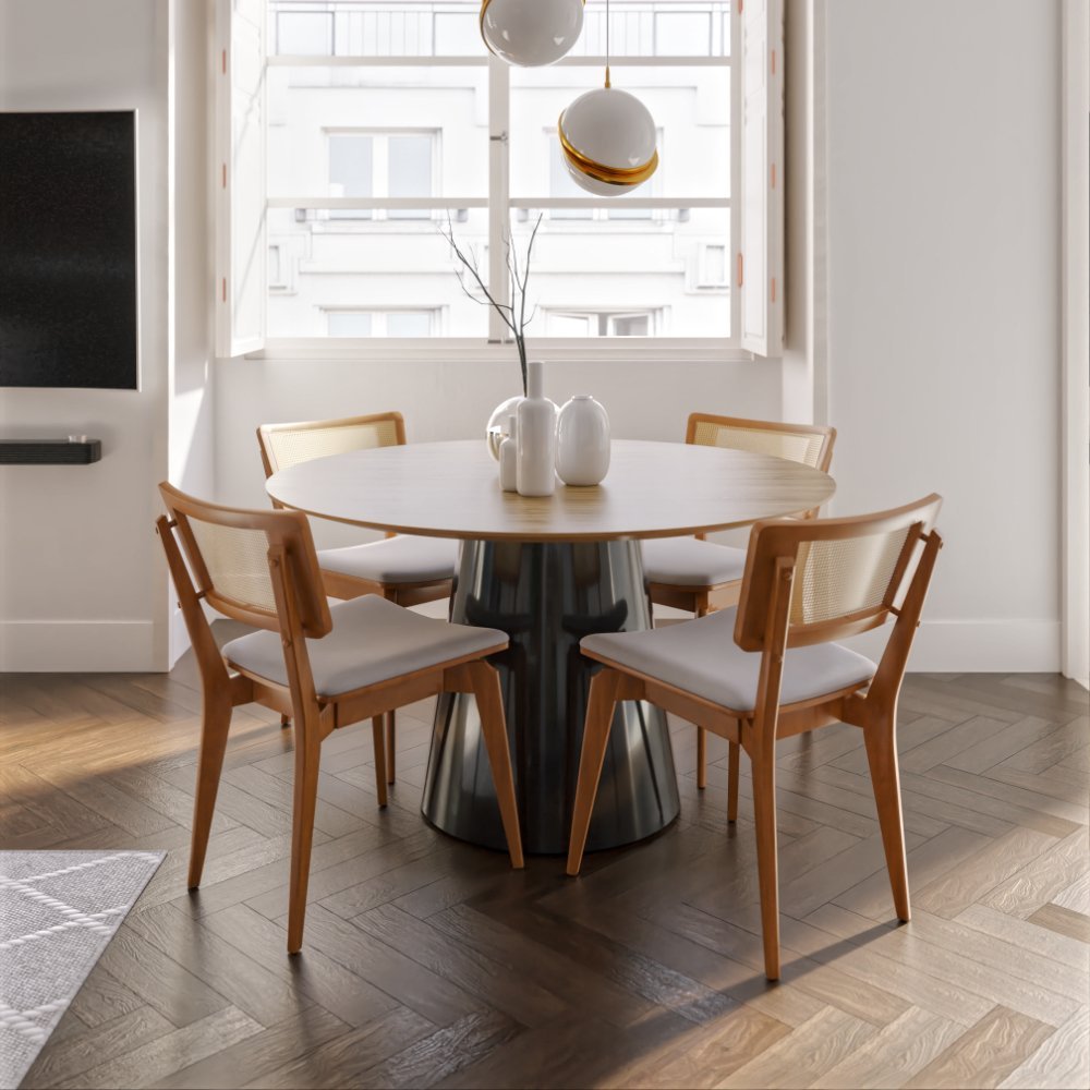 Mesa De Jantar Cone Redonda 110cm Em Laca 4 a 6 Lugares - Preto e Madeira Feijó | MadeiraMadeira