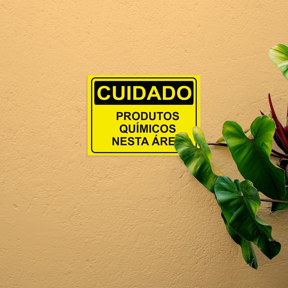 Placa de Sinalização Cuidado Produtos Químicos Nesta Área | MadeiraMadeira