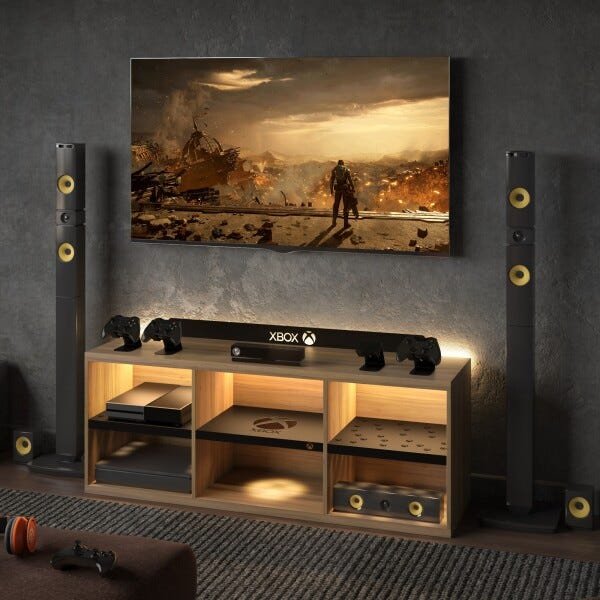 Rack Bancada Gamer Geek Madeira Metal xbox com LED Incluso | MadeiraMadeira