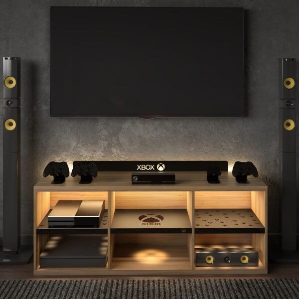 Rack Bancada Gamer Geek Madeira Metal xbox com LED Incluso | MadeiraMadeira