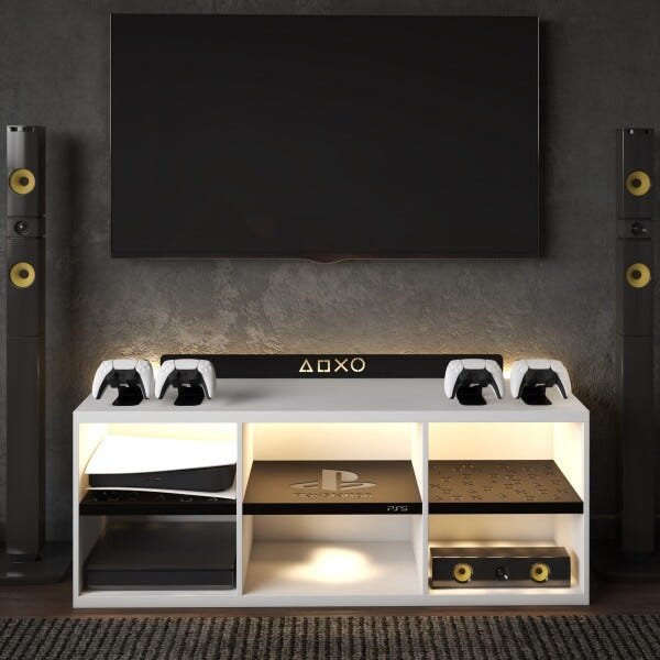 Rack Bancada Gamer Geek Madeira Branco Metal Ps5 com LED Incluso ...