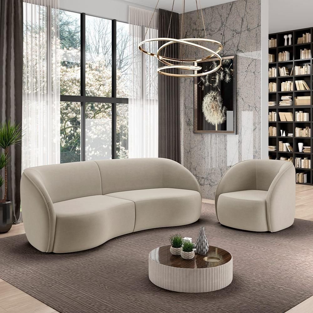Conjunto Sofá Sala de Estar Bipartido 288cm e Poltrona Clarke Veludo Bege G45 - Gran Belo ...