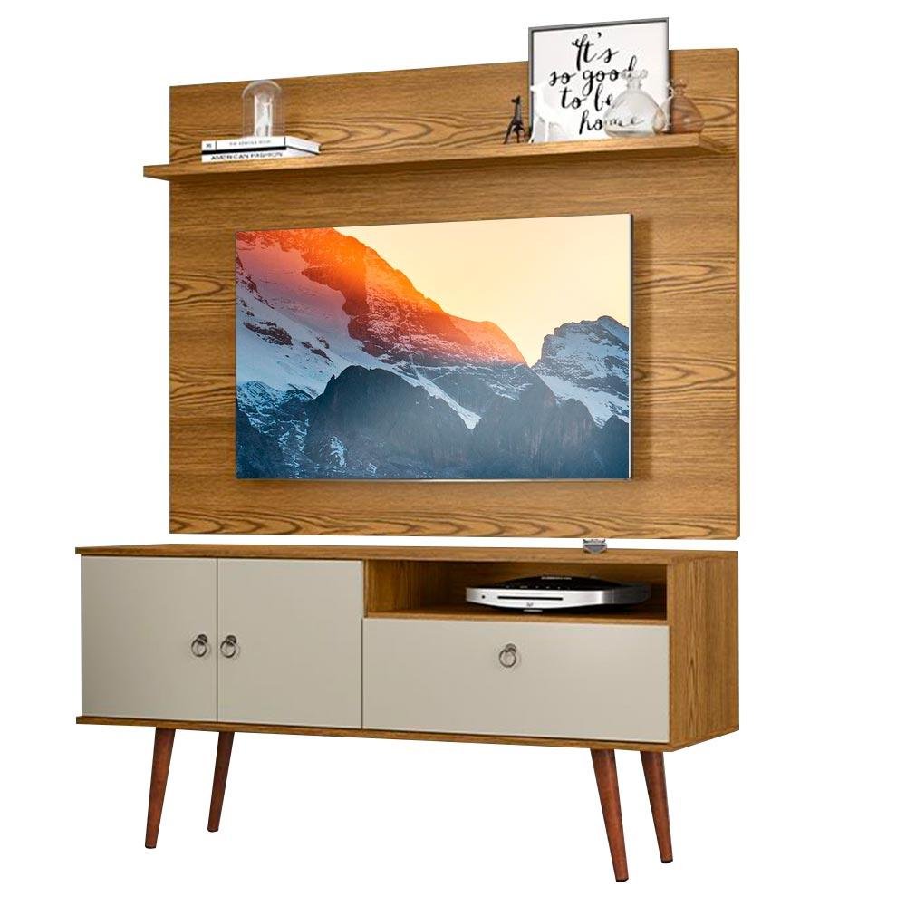 Painel Com Rack Retrô Cumaru Off White Topazio Patrimar | MadeiraMadeira