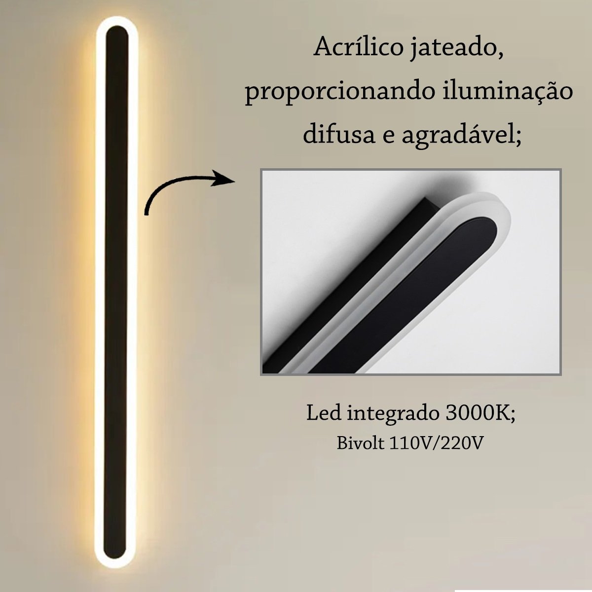 Arandela Linear Acrilico Borda Luminosa 60 Cm Led Lup98 | MadeiraMadeira