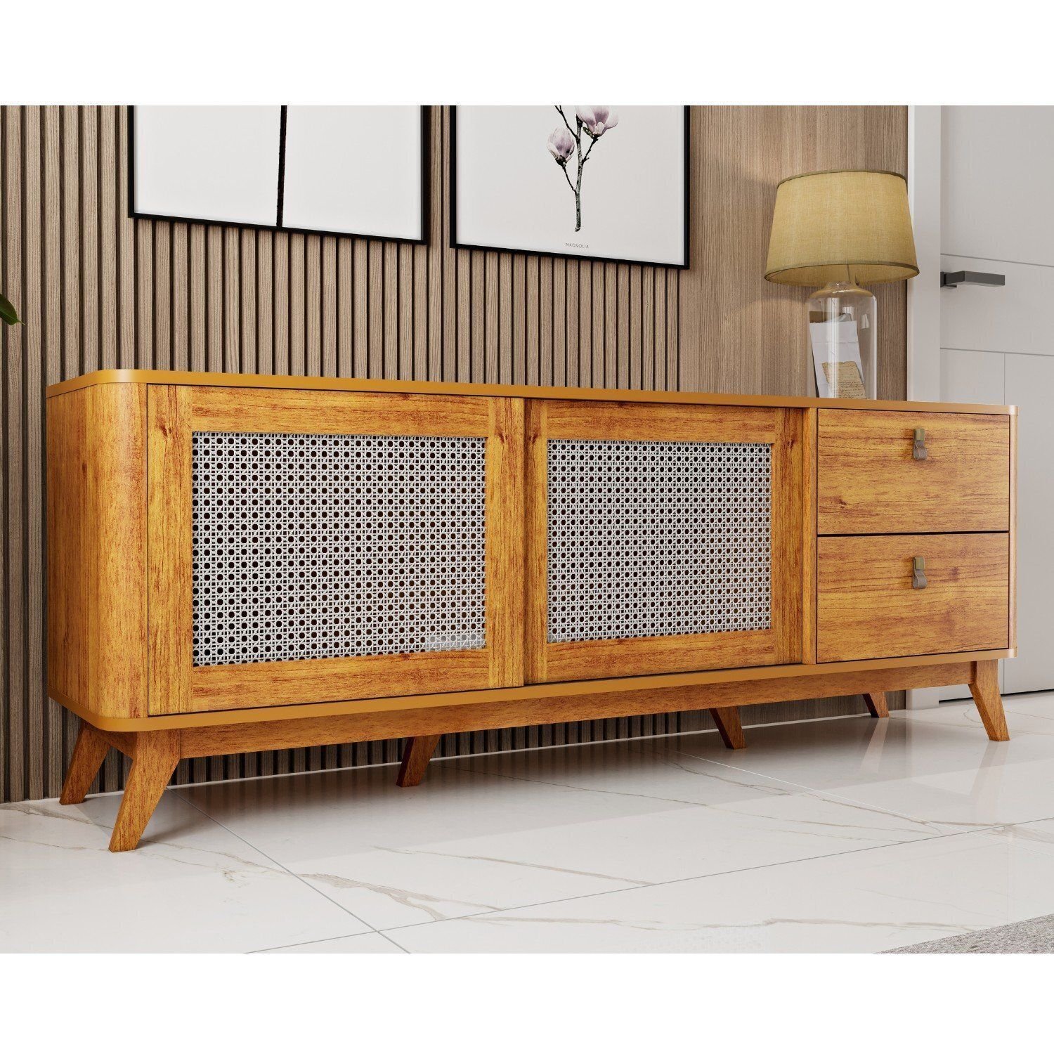 Rack Retro para Tv de 75 Polegadas Portas com Palhinha Delta Marrom Mel ...