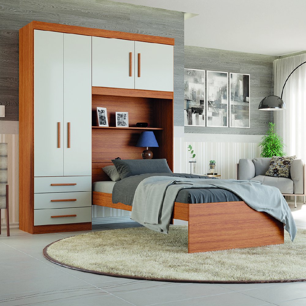 Guarda Roupa Solteiro com Cama e Baú 4 Portas 3 Gavetas Advantage ...