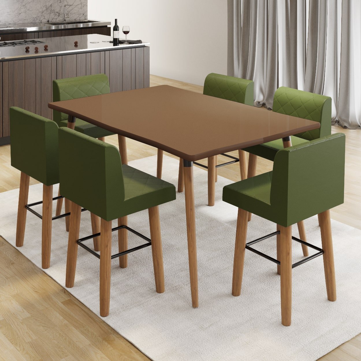 Conjunto com Mesa de Jantar Lótus 160cm e 6 Banquetas Verdes - Cor ...
