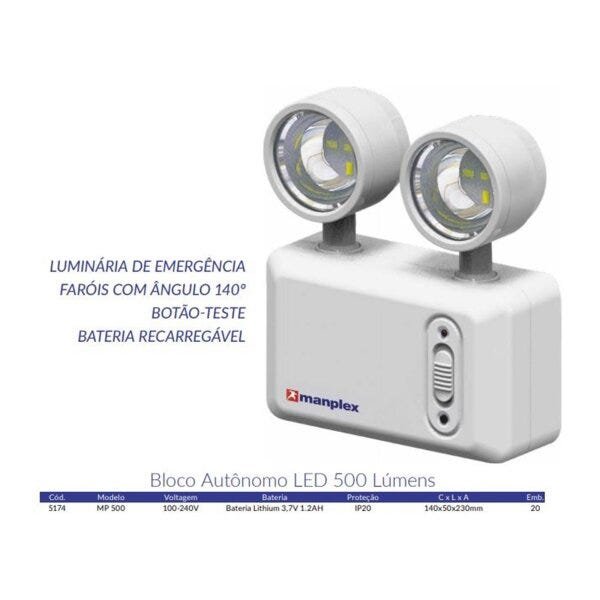 Bloco Autônomo Led 5w Luz Branca 6500k Manplex 500 Lumens Único ...