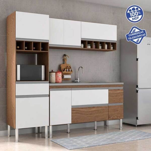 Cozinha Prisma 1,54m Mgm Móveis - Amêndoa/Branco | MadeiraMadeira