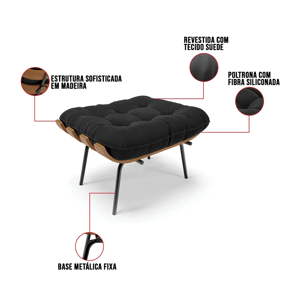 Puff Costela Suede Base Metal D'Rossi - Preto | MadeiraMadeira