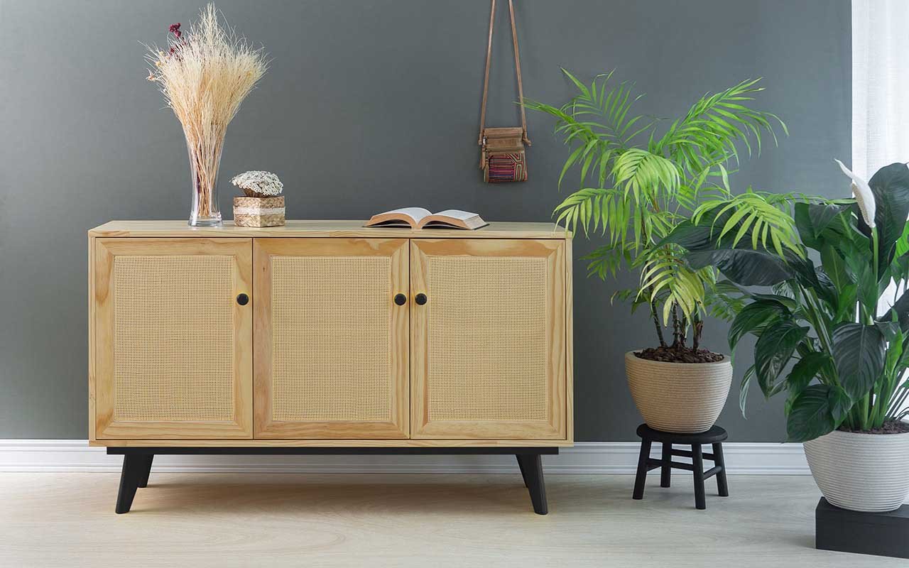 BUFFET COM PALHINHA 3 PORTAS PUXADOR BOLINHA CELESTE NATURAL E PRETO ...