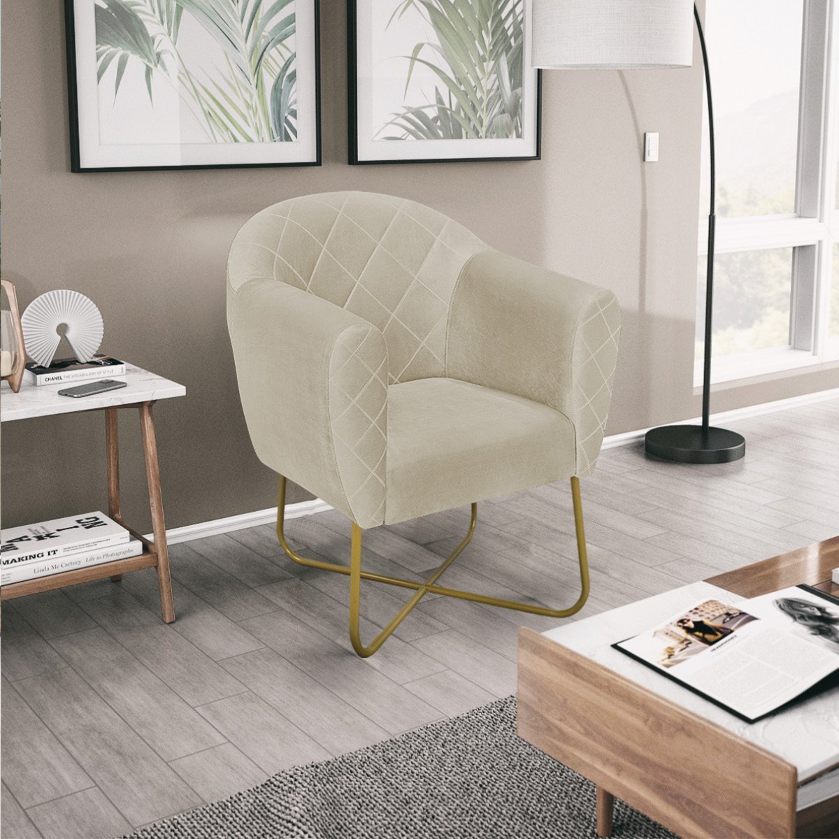 Poltrona Decorativa Grazi Base X Dourada Linho Bege - ADJ Decor ...
