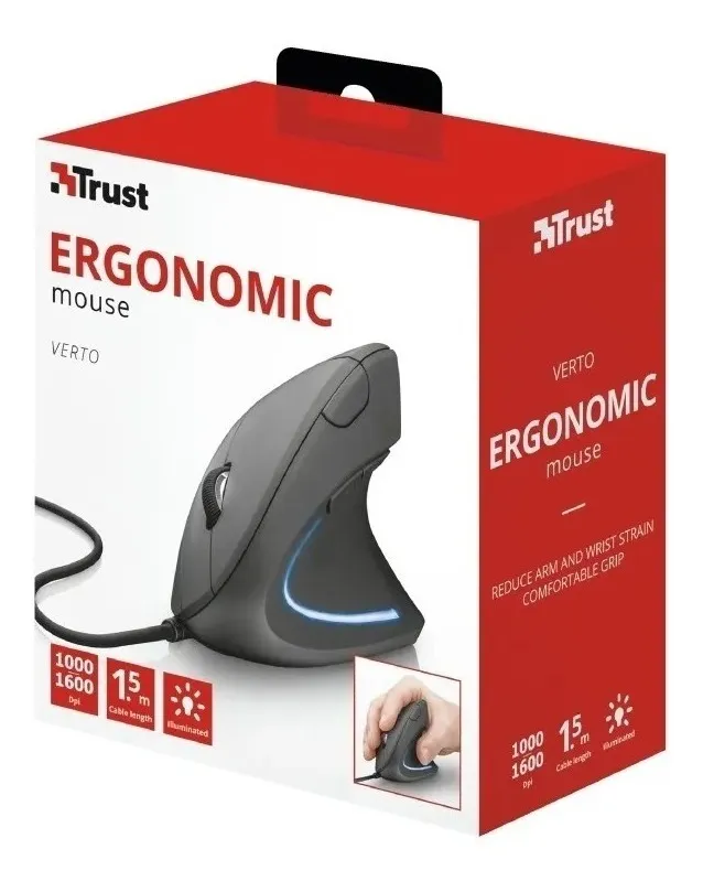 Mouse Vertical Trust Verto Ergonômico com Fio 1600dpi Preto Led Azul | MadeiraMadeira