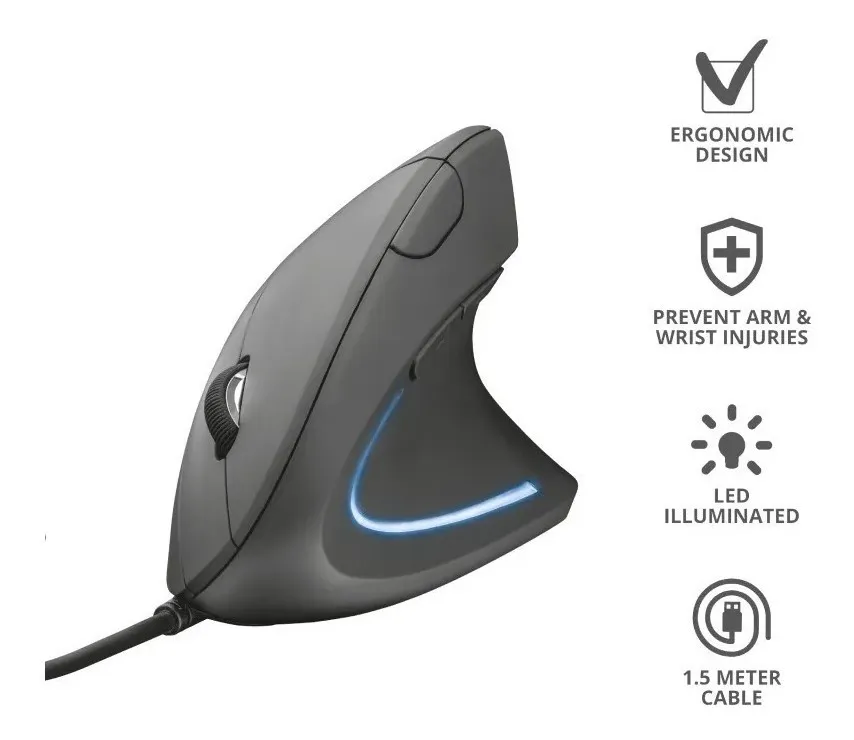 Mouse Vertical Trust Verto Ergonômico com Fio 1600dpi Preto Led Azul | MadeiraMadeira