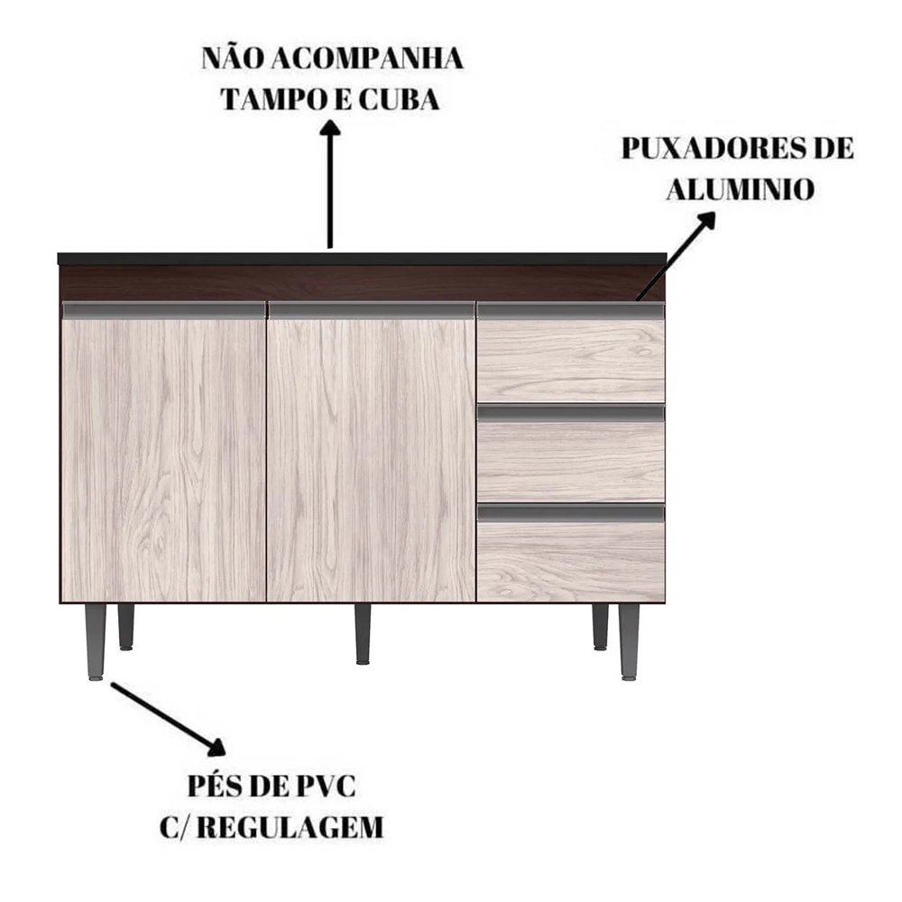 Balcão para pia de cozinha 100cm Andréia com 2 portas e 3 gaveta Castanho/Avela AJL | MadeiraMadeira
