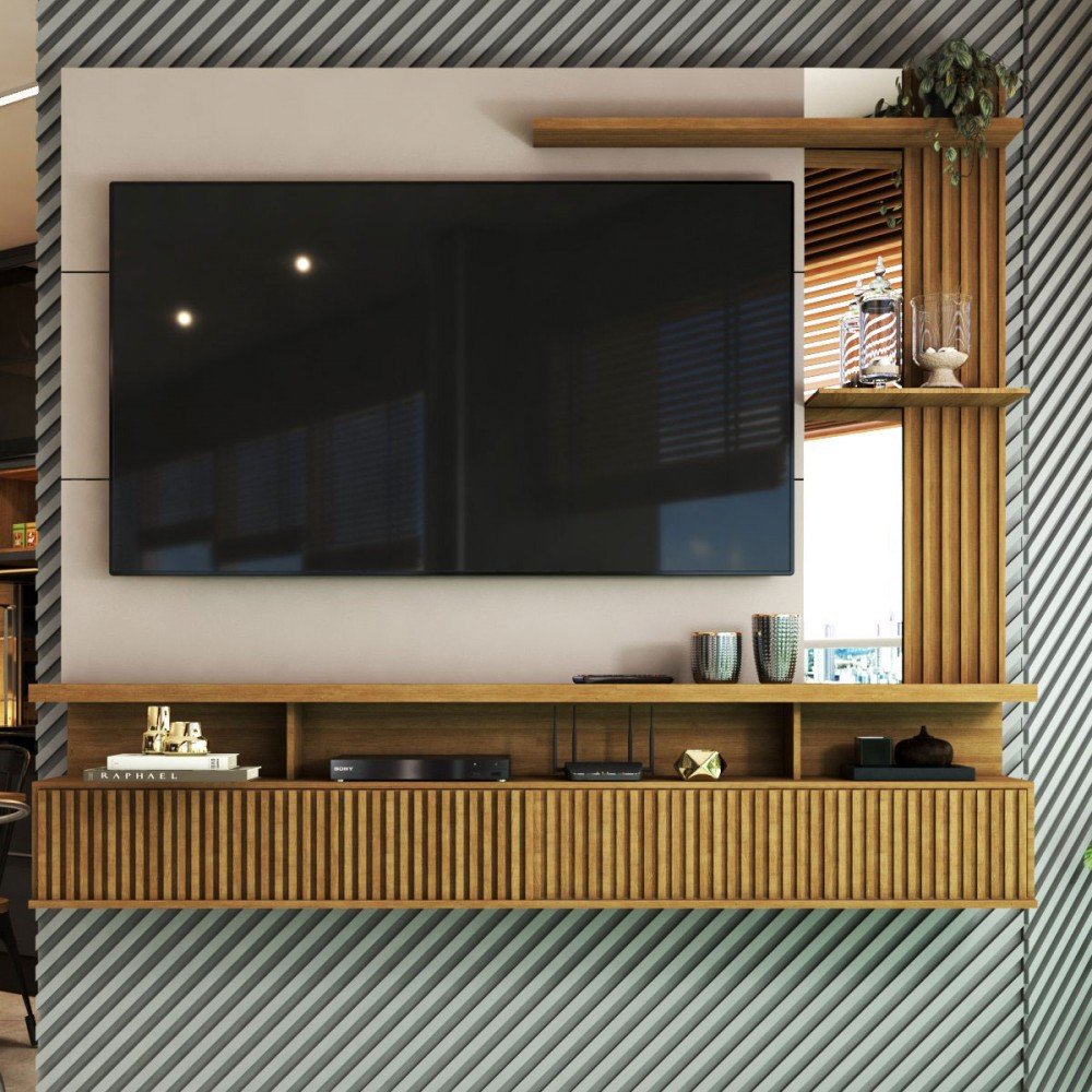 Painel para Tv até 60 Polegadas Sergipe 2 Portas com Espelho e Ripado Nature/off White ...