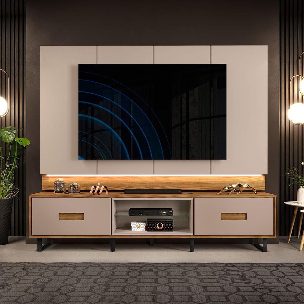 Rack Com Painel de TV Até 75 Polegadas Com Led Griz Carvalho Nobre Madri DJ Móveis | MadeiraMadeira