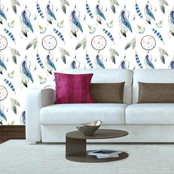Papel de Parede Branco com Penas Coloridas Autocolante Sala ...