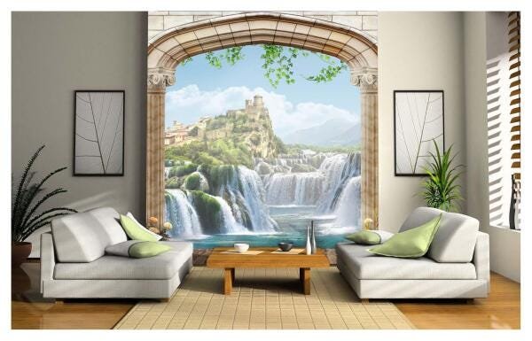 Papel de Parede Paisagem Castelo Cachoeira 3d Dav12 | MadeiraMadeira