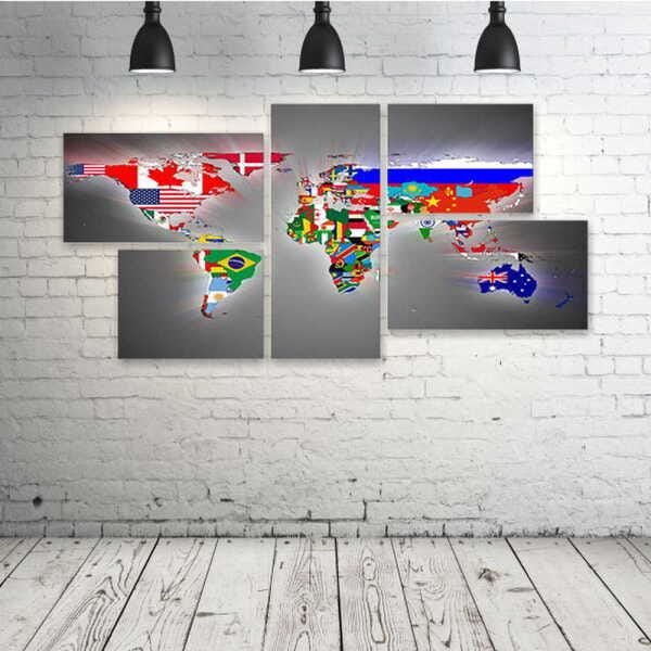 Quadro Decorativo - Flags-World-Map - Composto de 5 Quadros ...