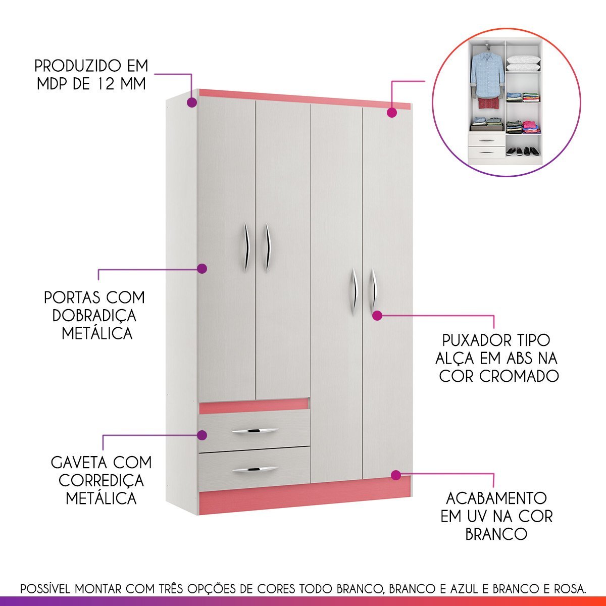 Guarda-Roupa Infantil Rosa com 4 Portas 2 Gavetas 105 x 179 Cm MDP ...