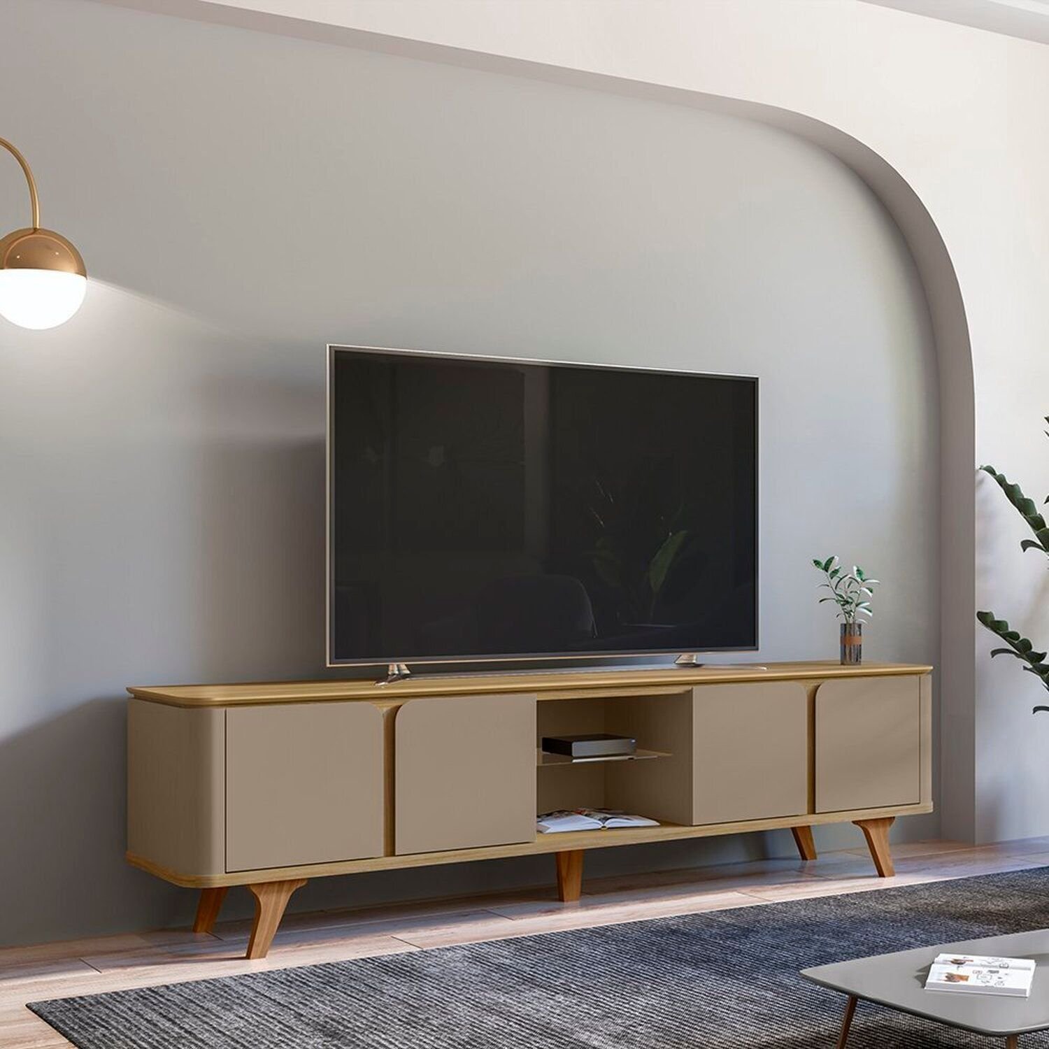Rack para TV até 60 Polegadas MDF 217cm Pés em Madeira Maciça Cantos ...