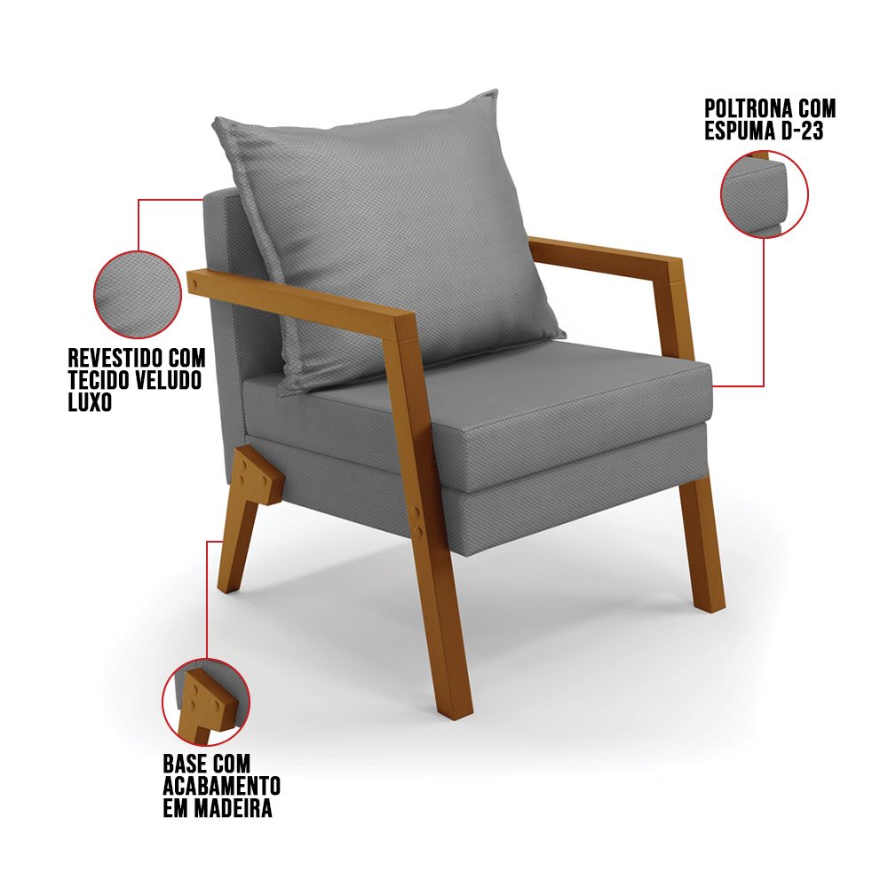 Poltrona Alice Veludo Luxo Grafite A131 Base de Madeira - D'Rossi DRossi | MadeiraMadeira