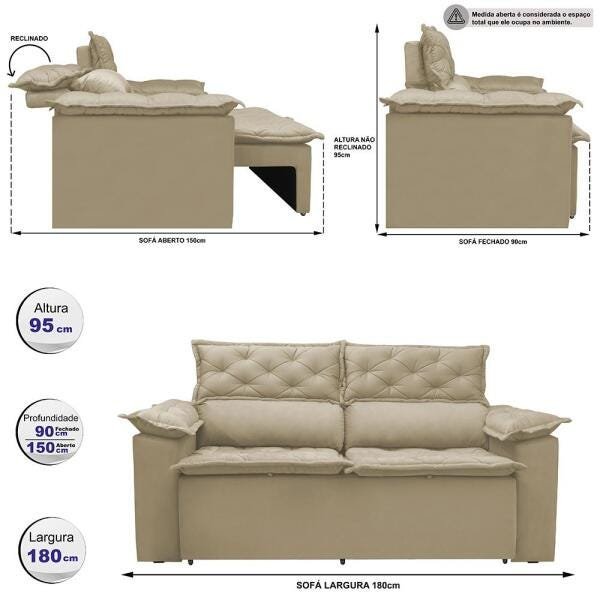 Sofá 3 Lugares Retrátil e Reclinável Cama Inbox Compact 1.80M Velusoft ...