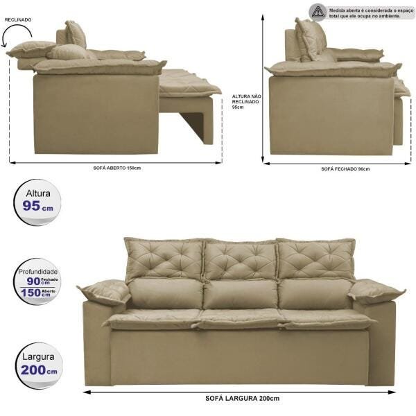 Sofá 3 Lugares Retrátil e Reclinável Cama Inbox Compact 2.00M Velusoft ...