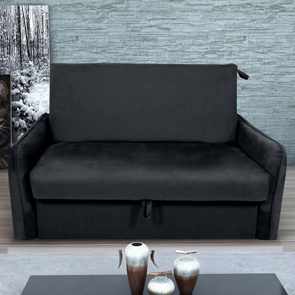 Sofá Cama 2 Lugares com Baú Swords Veludo Inca Preto | MadeiraMadeira