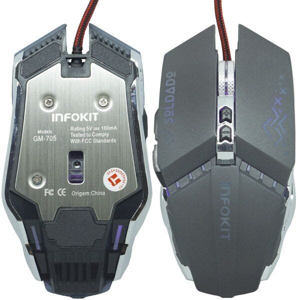 Mouse Óptico Gamer Usb 2400 Dpi 6 Botões Led Rgb 4 Cores Cabo Infokit X Soldado GM-705 Cinza ...