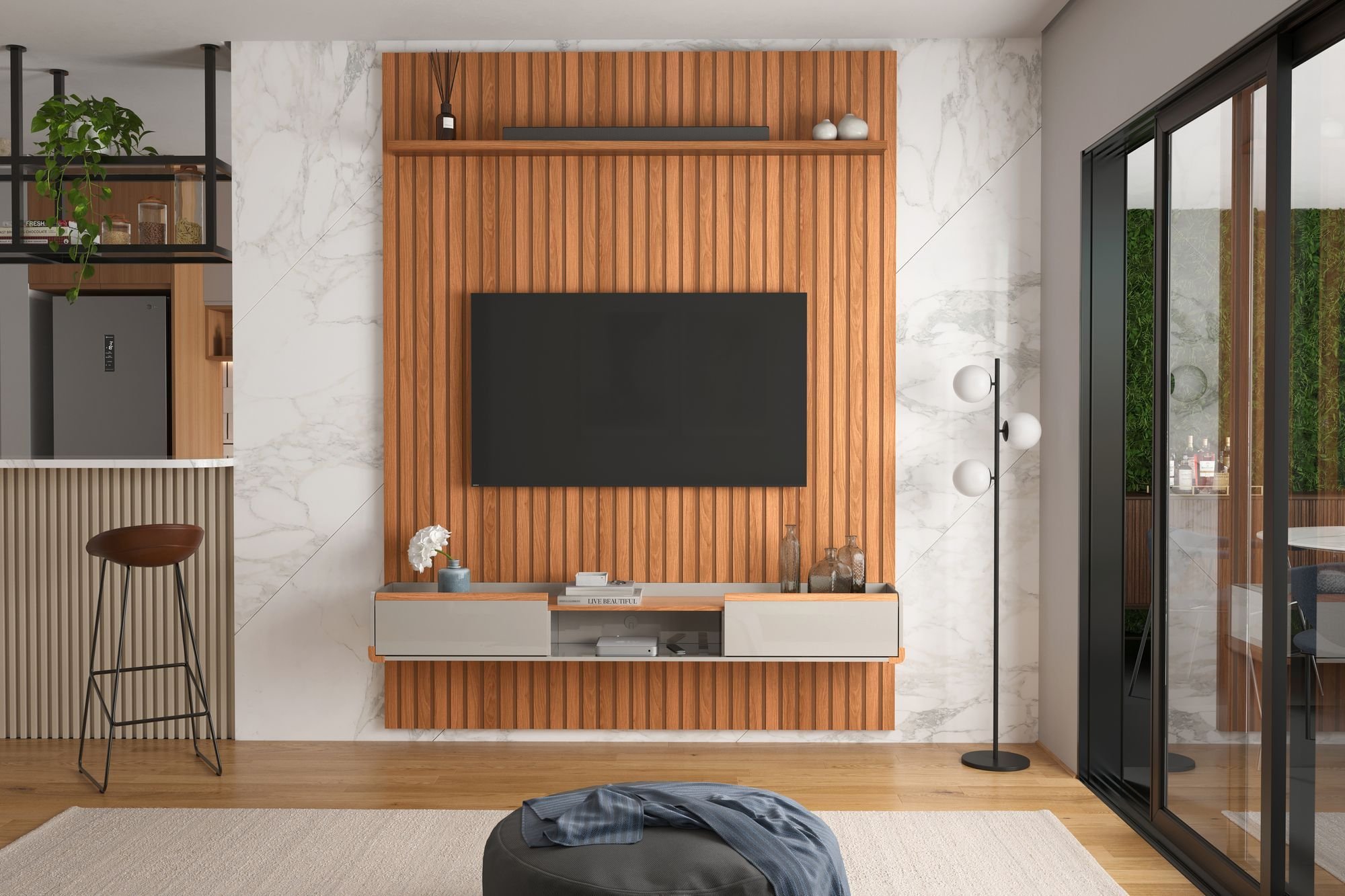 Painel Ripado Frisado com Bancada para Sala Tv de até 75 Polegadas Oslo ...