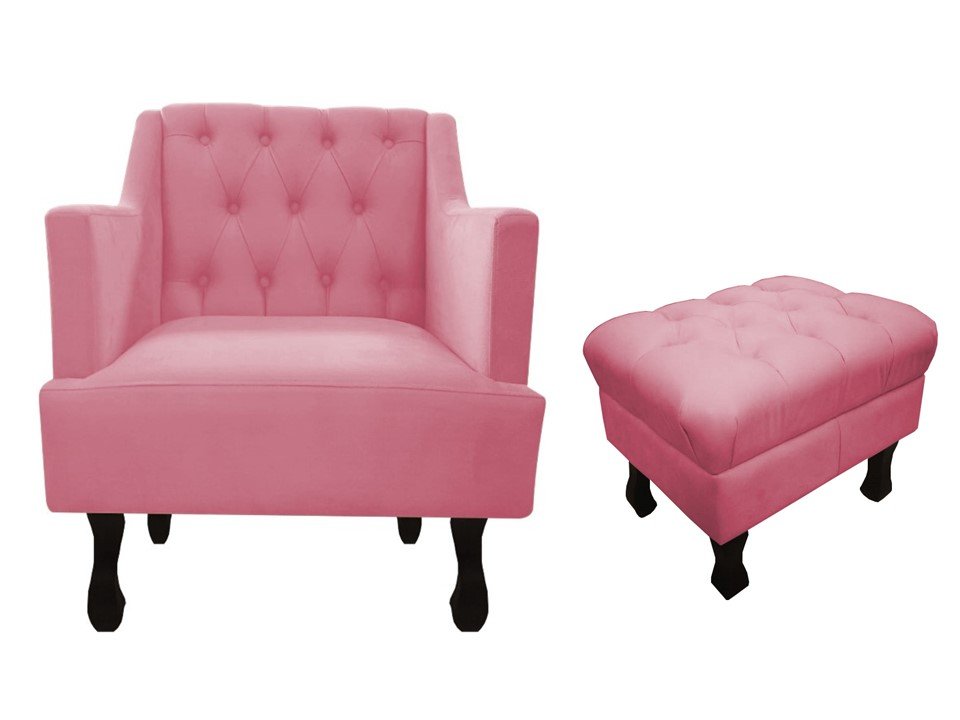 Kit Poltrona Decorativa Julia + Puff Luis Xv Suede Rosa Pés Madeira Mz ...