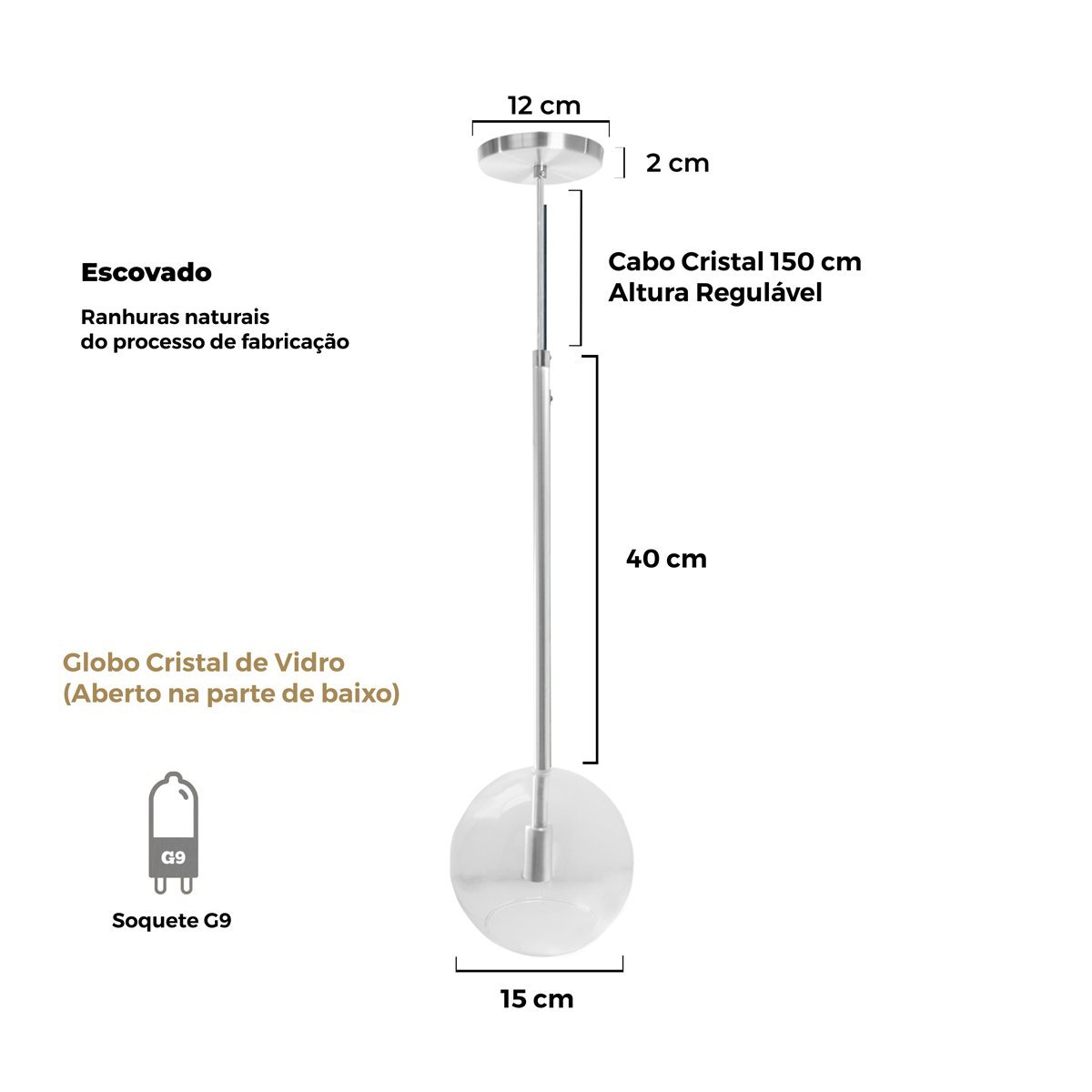 Kit 2 Pendente Lux Globo Cristal Vidro Escovado + Led Brinde ...