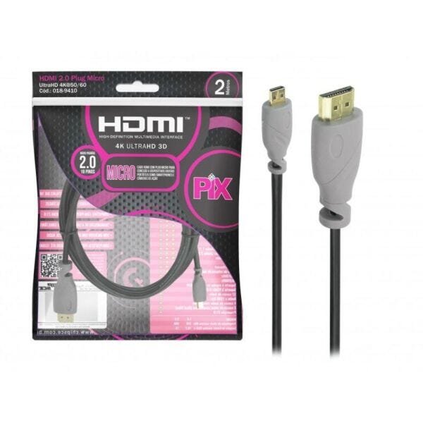 Cabo Micro HDMI x HDMI 2.0 Ultra Hd 4K 3D Hdr 2 Metros Pix | MadeiraMadeira